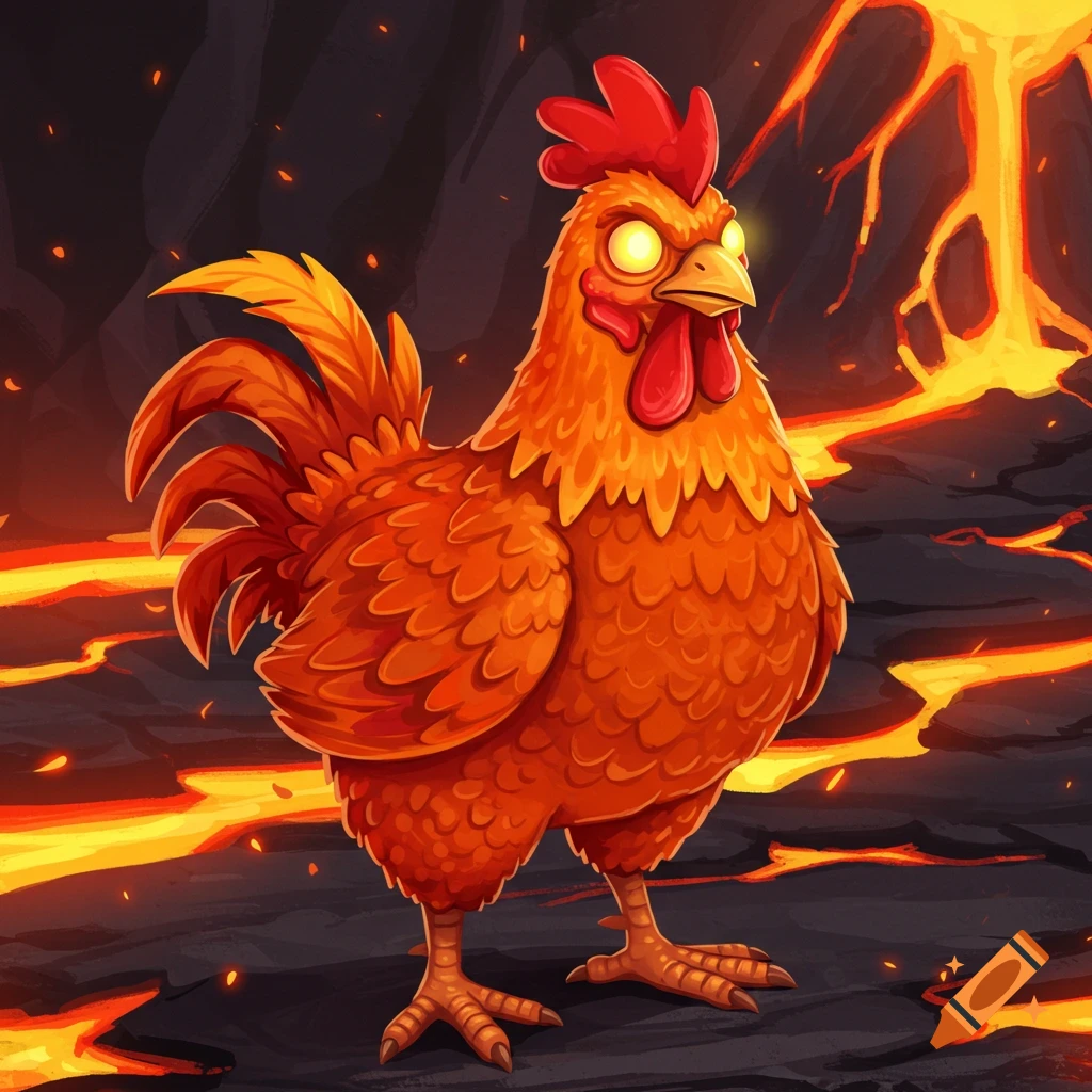 A cartoonish orange chicken stands in a volcanic landscape with glowing ...