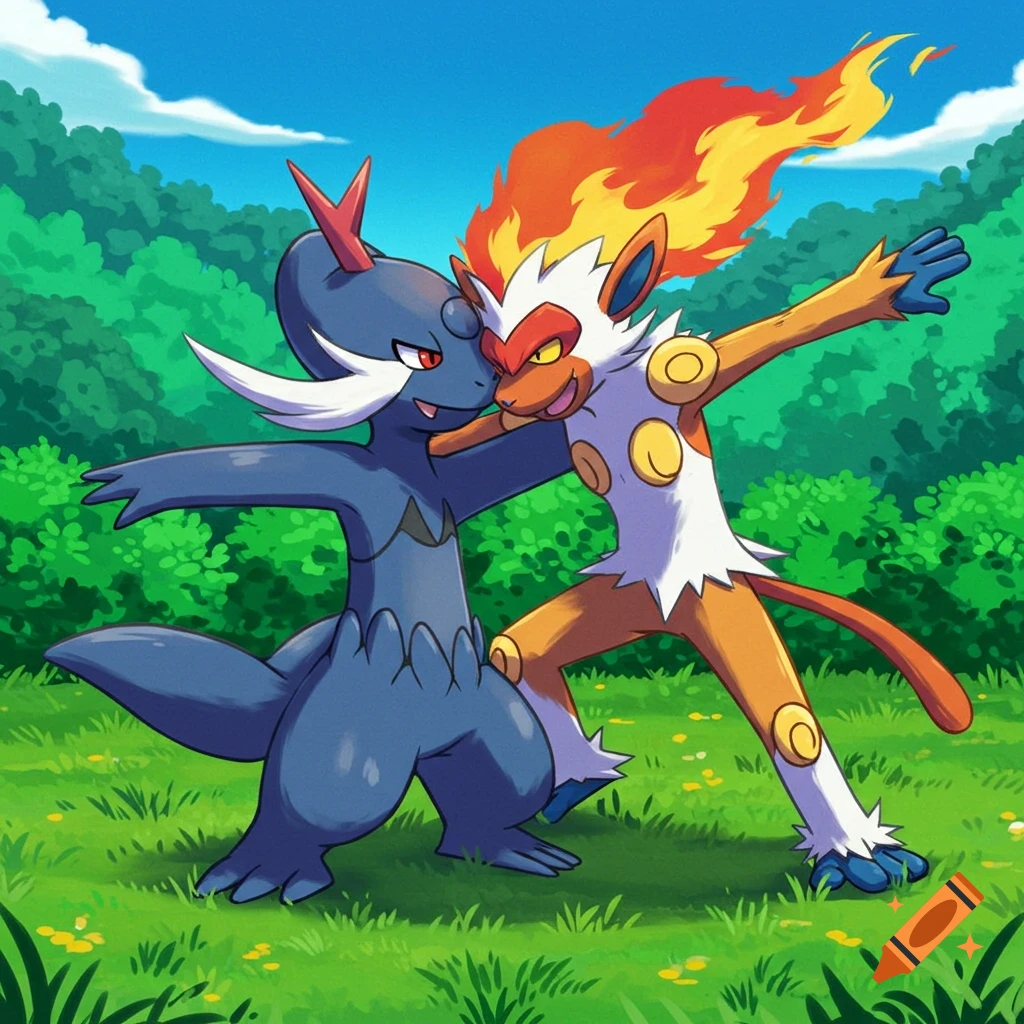 Infernape and Hisuian Samurott in a friendly interaction on Craiyon