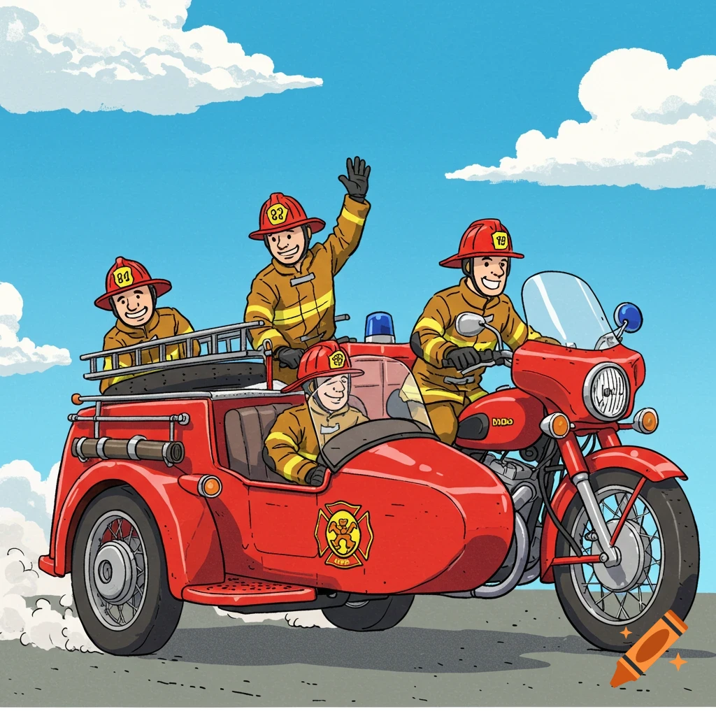 Motorcycle and sidecar resembling a firetruck with three firefighters ...