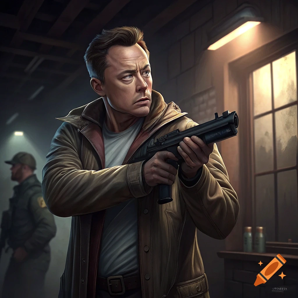 Digital art portrait of Elon Musk holding a gun indoors. on Craiyon