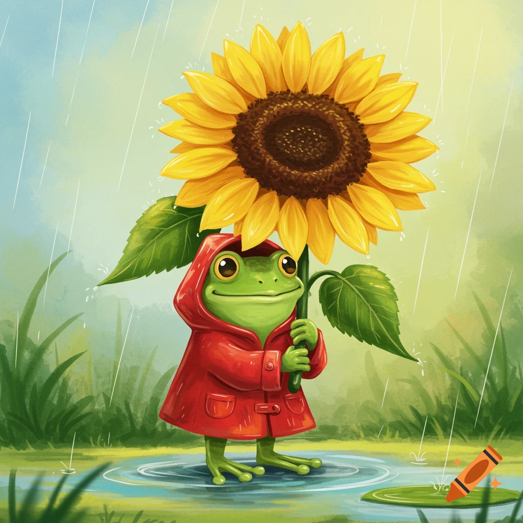 Children’s book illustration of a frog using a flower as an umbrella in ...