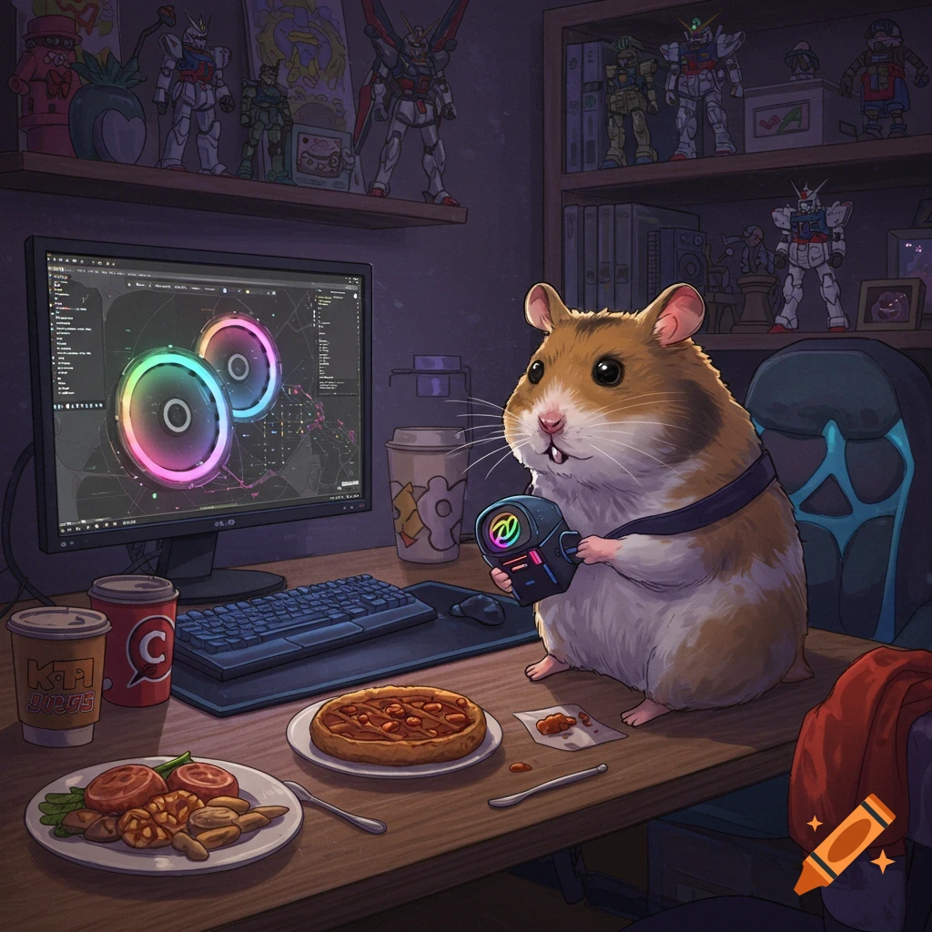 Hamster playing PC game with RGB setup and Gundam figures on Craiyon