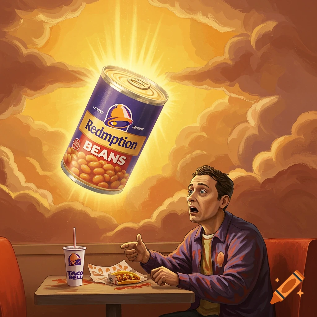 A can of beans offering redemption to a man at Taco Bell on Craiyon