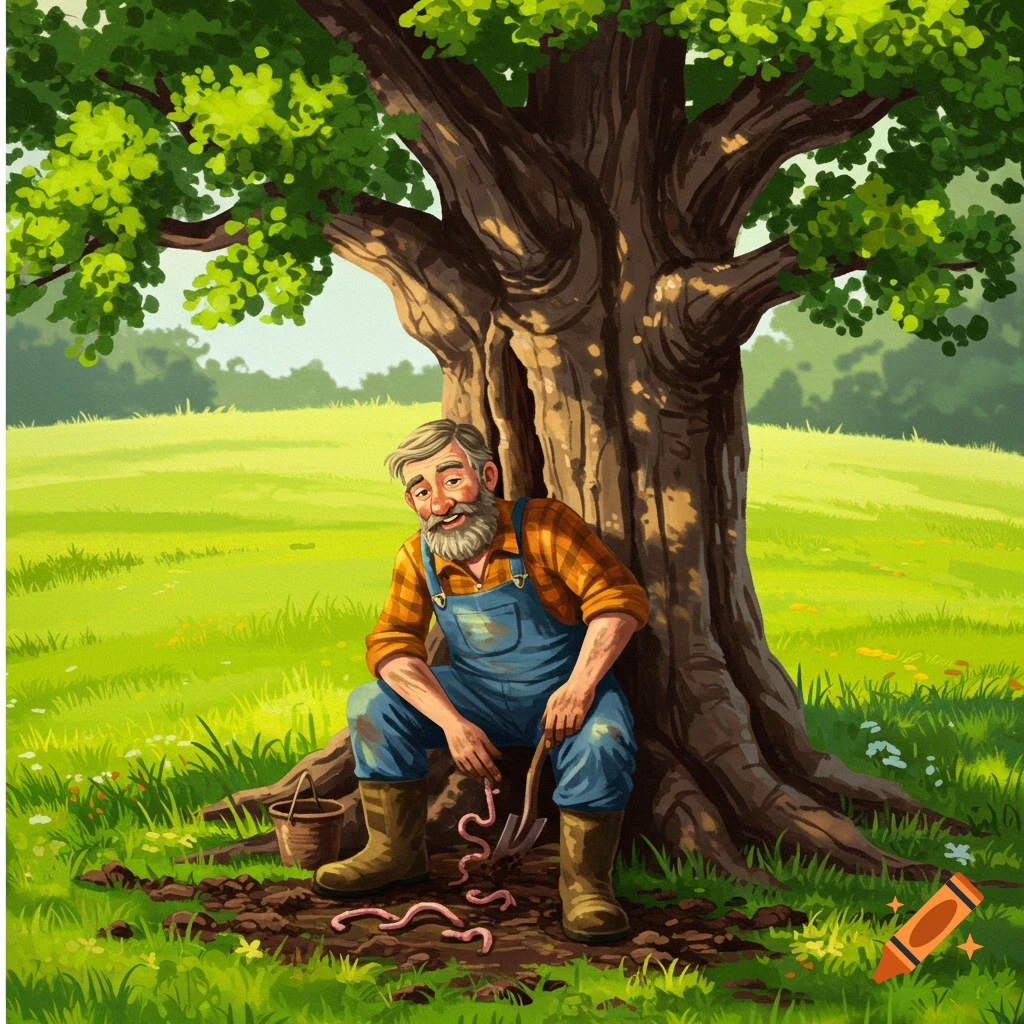 A bearded man sits under a tree surrounded by earthworms and a shovel ...