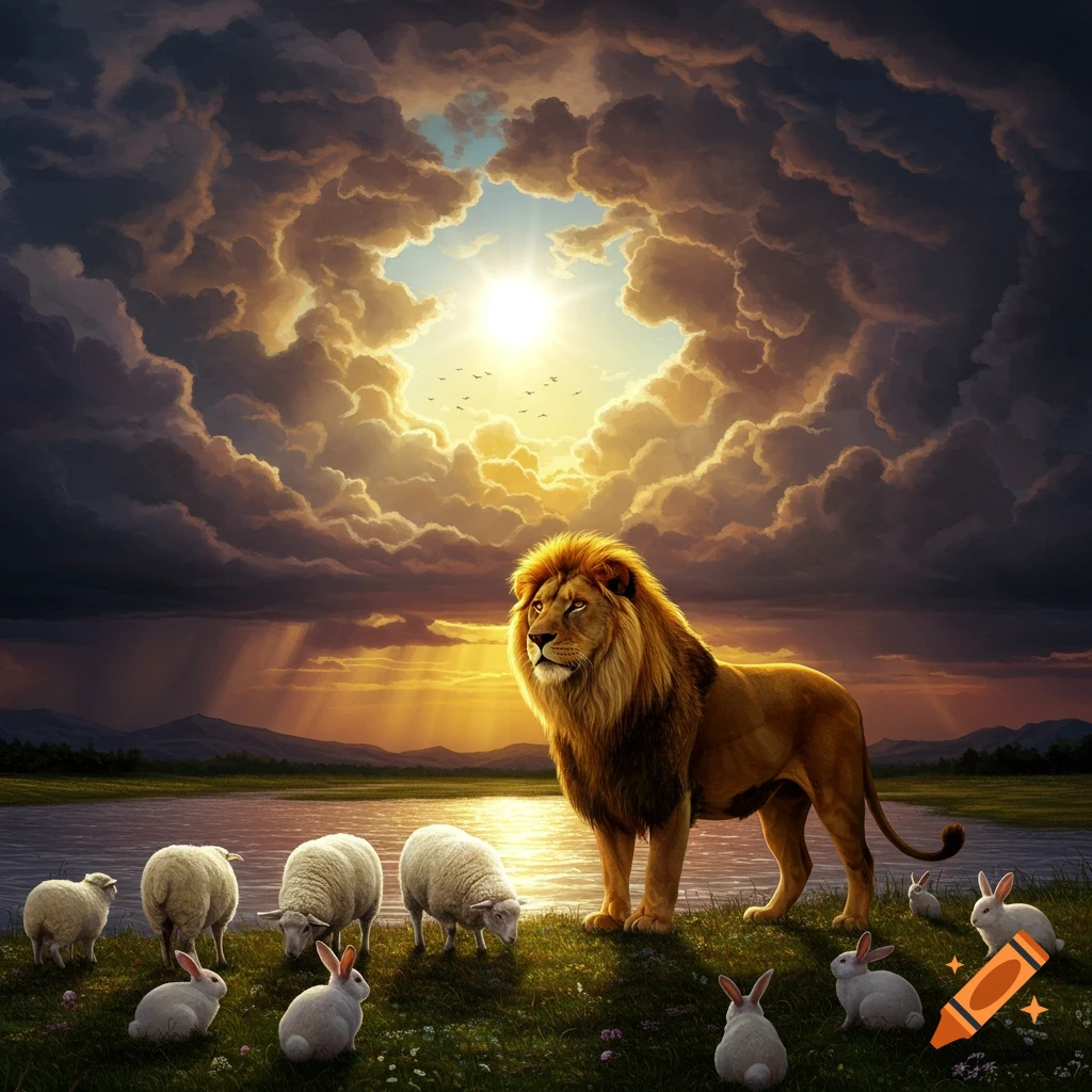 Diptych shows a lion leading a flock of sheep and a crowned sheep ...