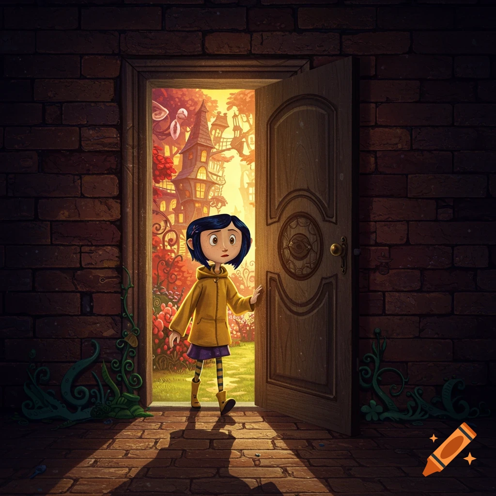 Illustration of a girl resembling Coraline stepping through a door into ...