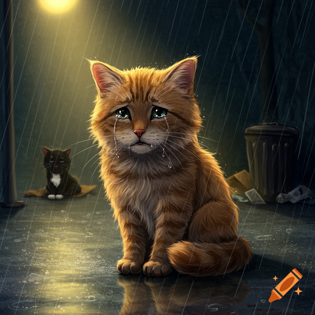 A sad orange cat sits crying in the rain, with a blurry black cat ...