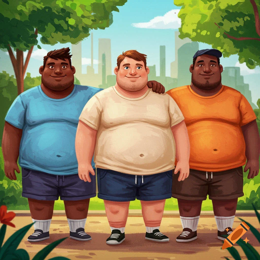 Three smiling chubby men standing in a park. on Craiyon