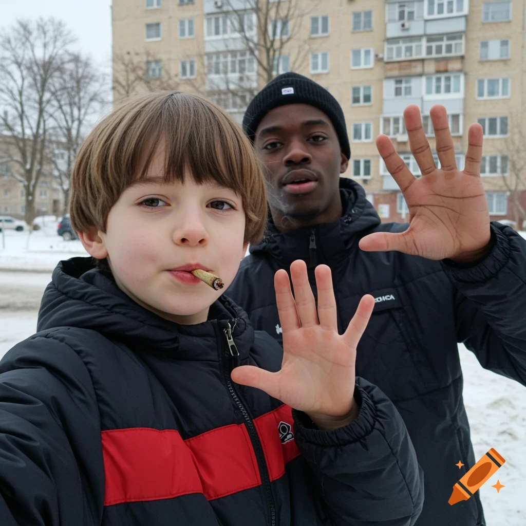 Little boy with bowl cut and friend posing for a selfie in snowy Slavic apartment area on Craiyon