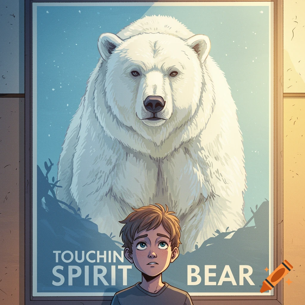 Touching Spirit Bear poster with a boy and a white bear on Craiyon