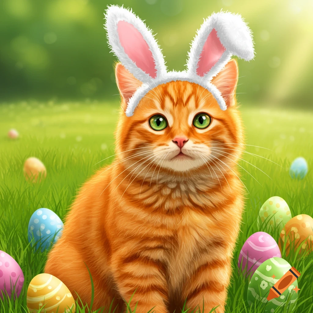 A cat wearing bunny ears sits in an Easter basket with colorful eggs. on Craiyon