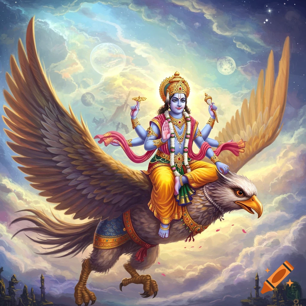 Lord Vishnu riding Garuda on Craiyon