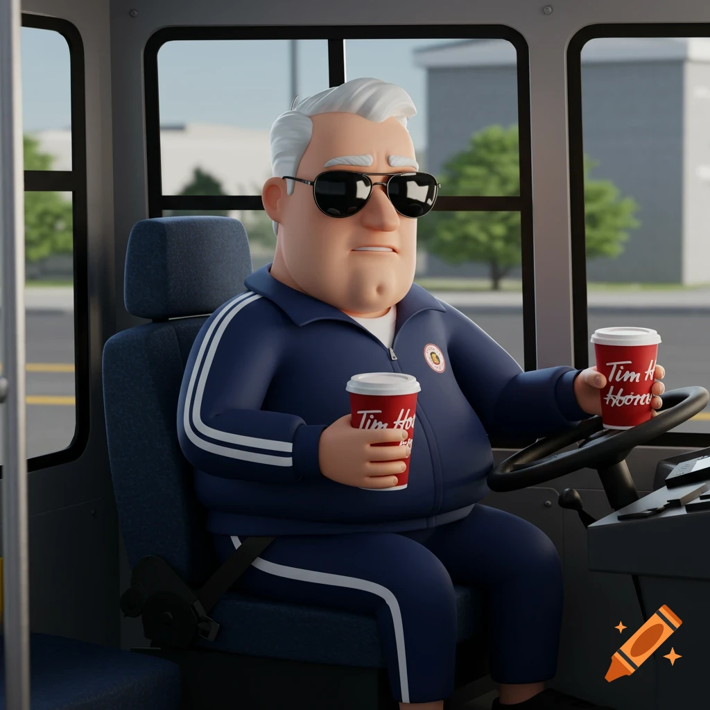 Cartoon of a bus driver with sunglasses holding a coffee cup on Craiyon