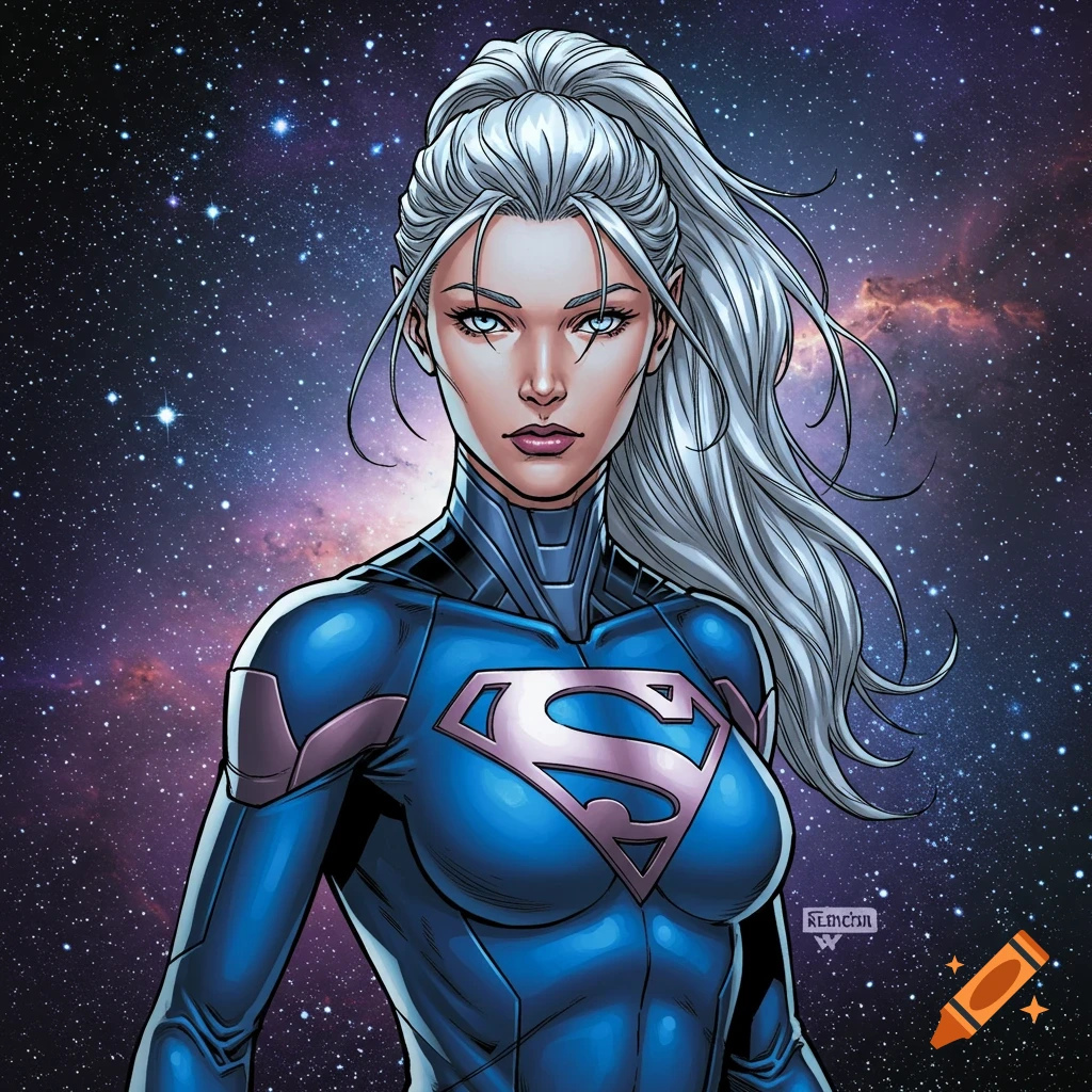 Kryptonian woman with silver hair in super suit on Craiyon