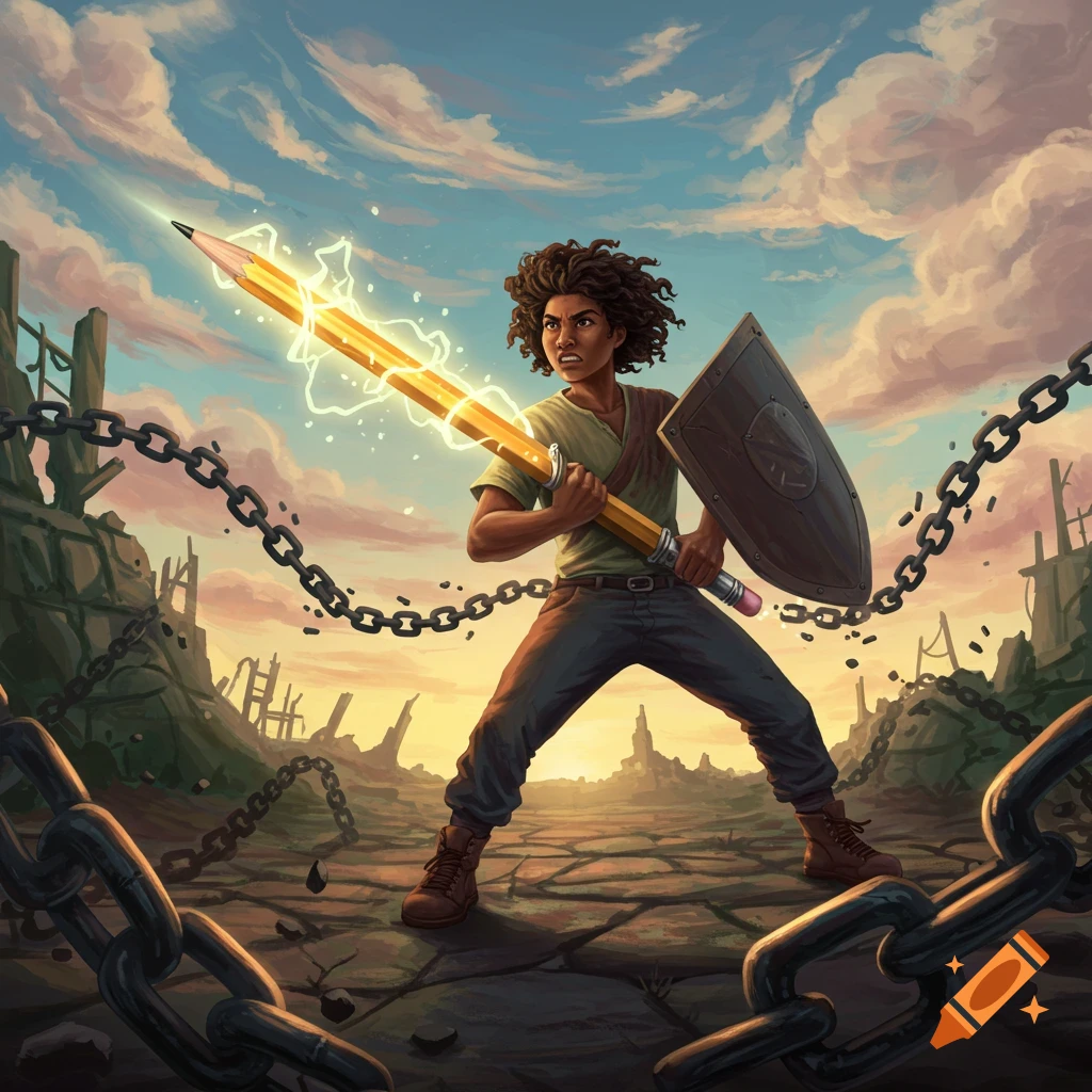 Person using pencil sword and book shield to defeat slavery chains on ...