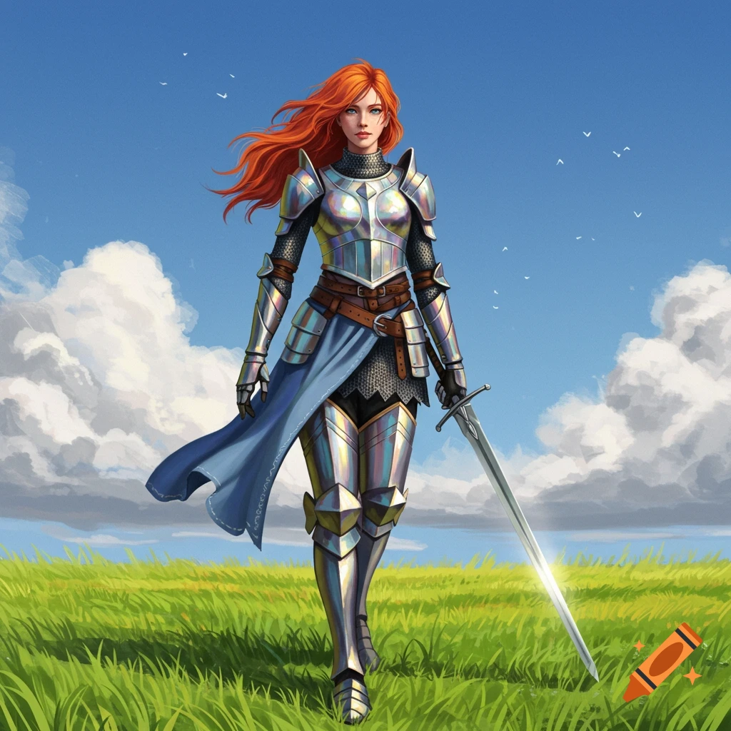 Redhead female warrior in prism armor on grassy plain on Craiyon