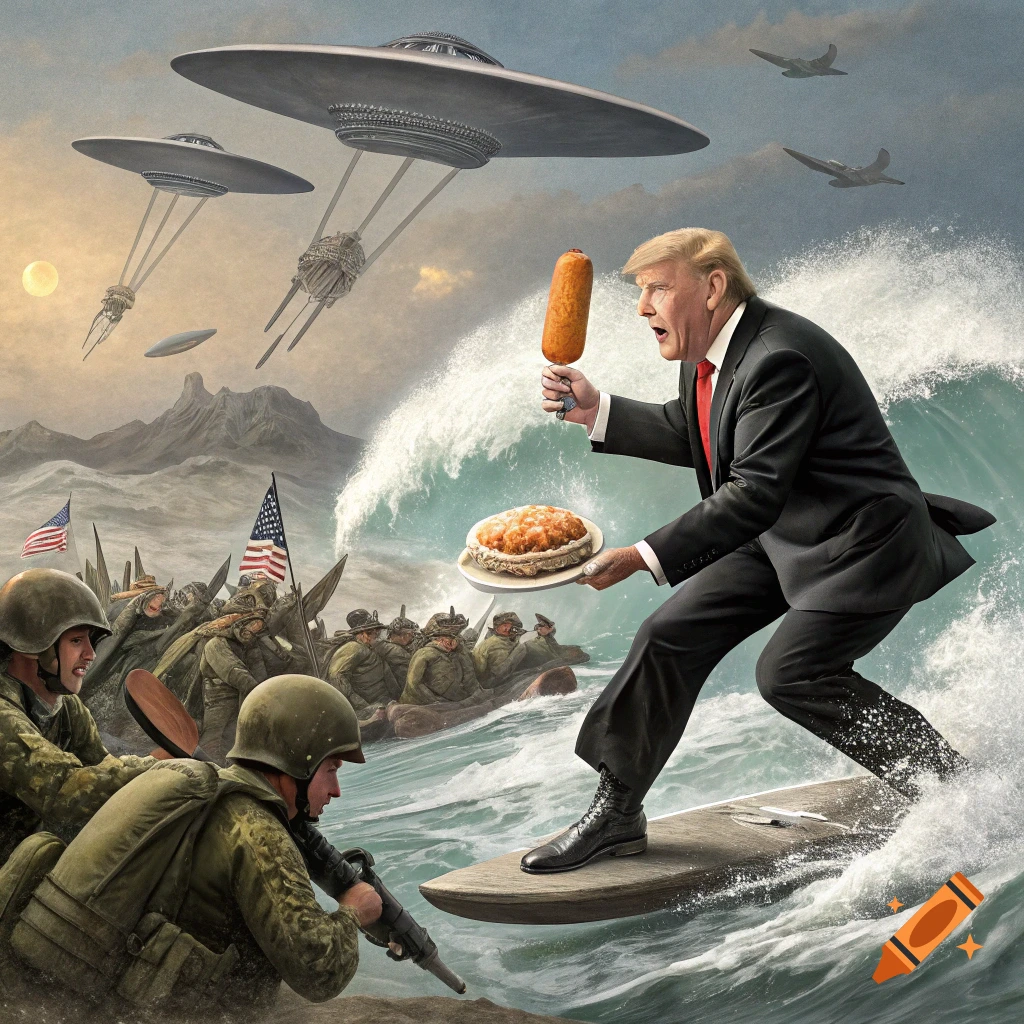 Donald Trump surfing with Helen Keller eating corn dogs amidst WWII and ...