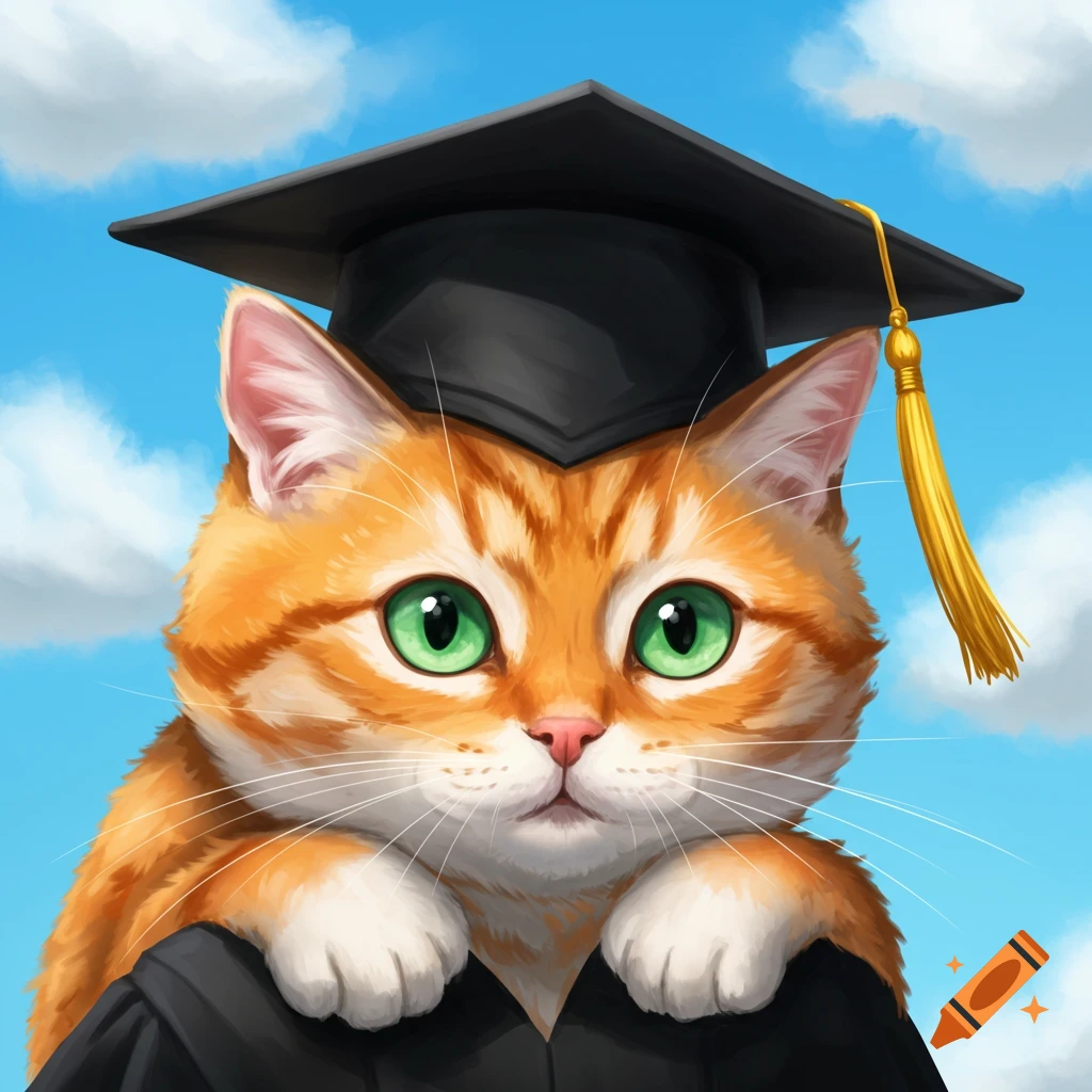 An orange tabby cat wearing a graduation cap and gown against a cloudy ...