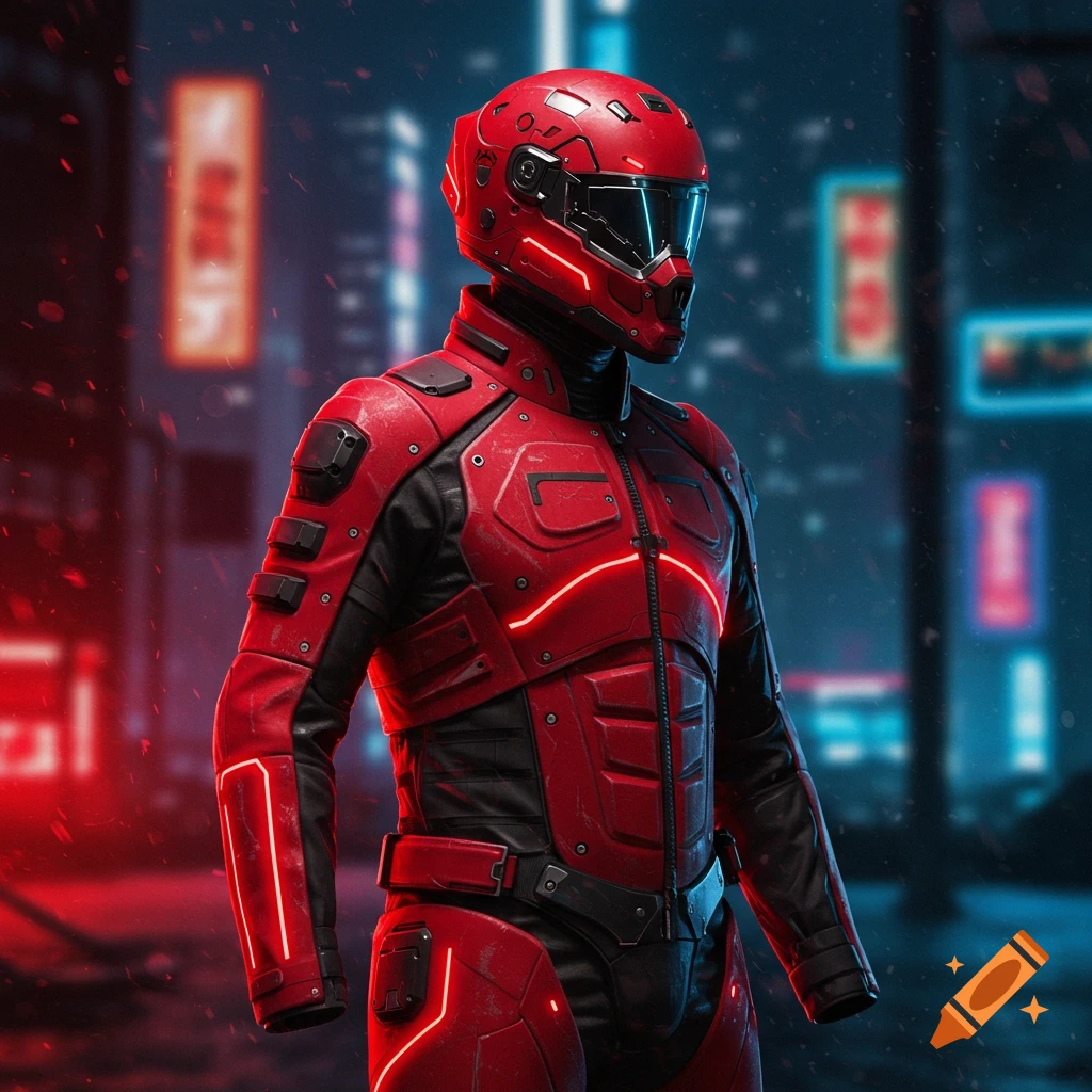 A person in a red and black cyberpunk suit with glowing lines in a ...