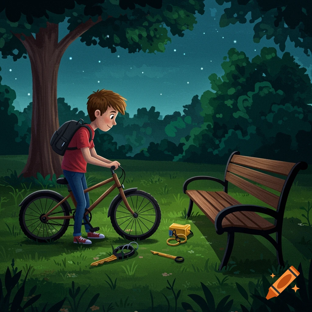 Sam searching for a bike key in the park until dark on Craiyon