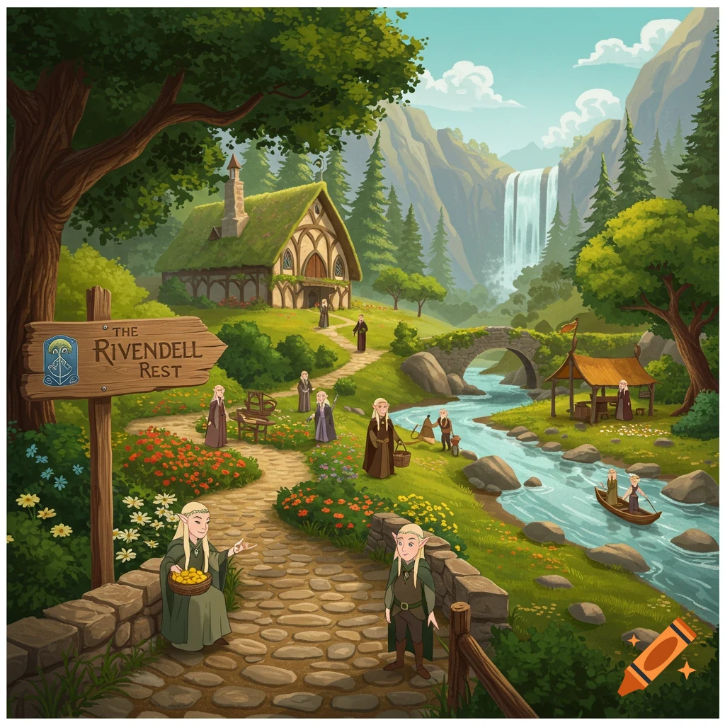 Cartoon of Rivendell with a sign reading "The Rivendell Rest" on Craiyon