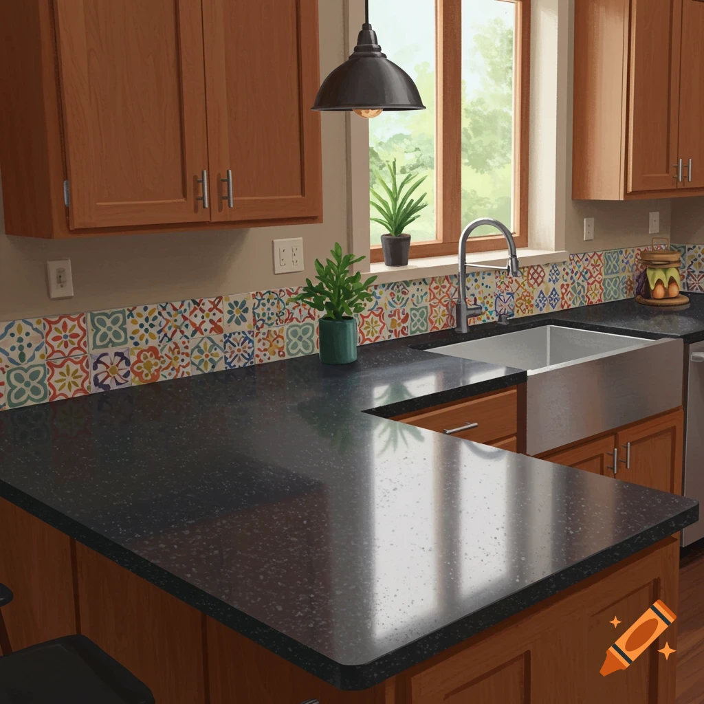 A kitchen counter area with colorful tile backsplash, sink, cabinets ...