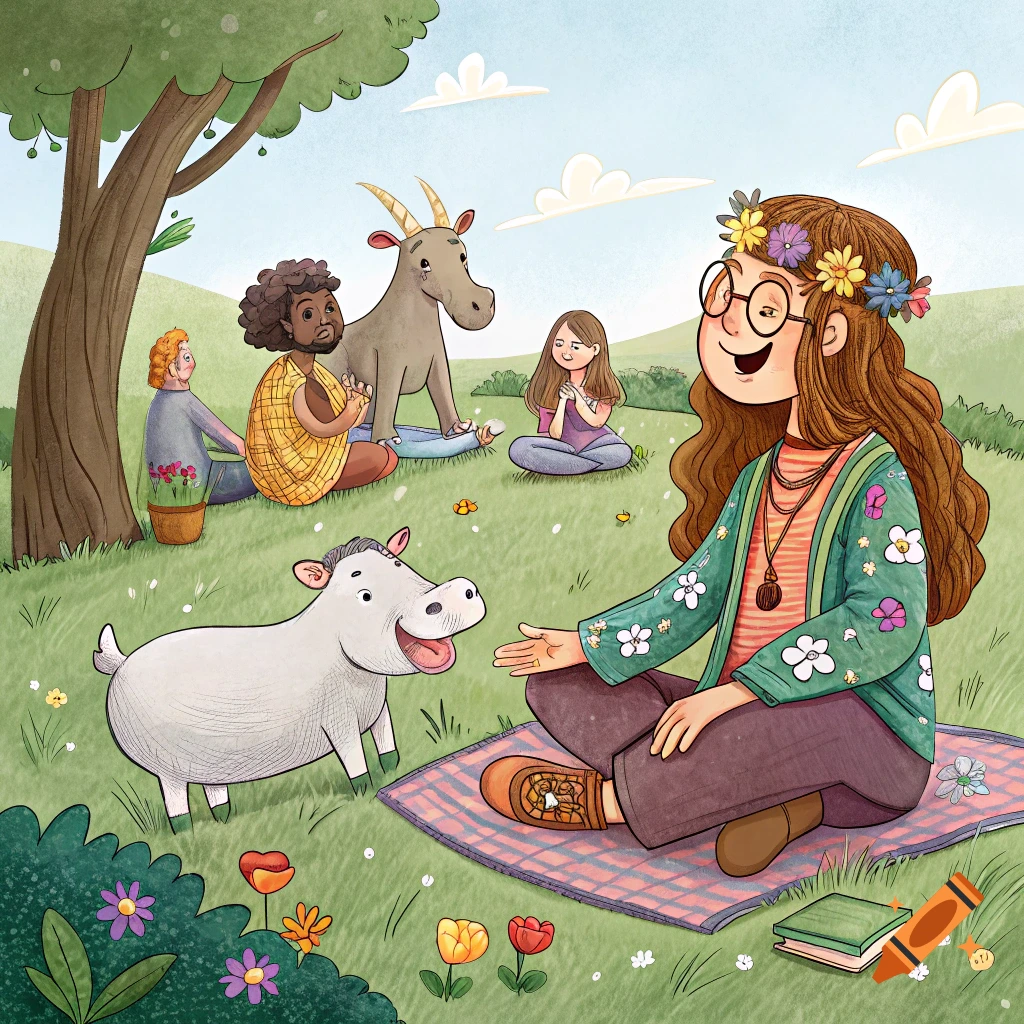 Hippie therapist counseling people with hippo therapy, goat yoga, and ...
