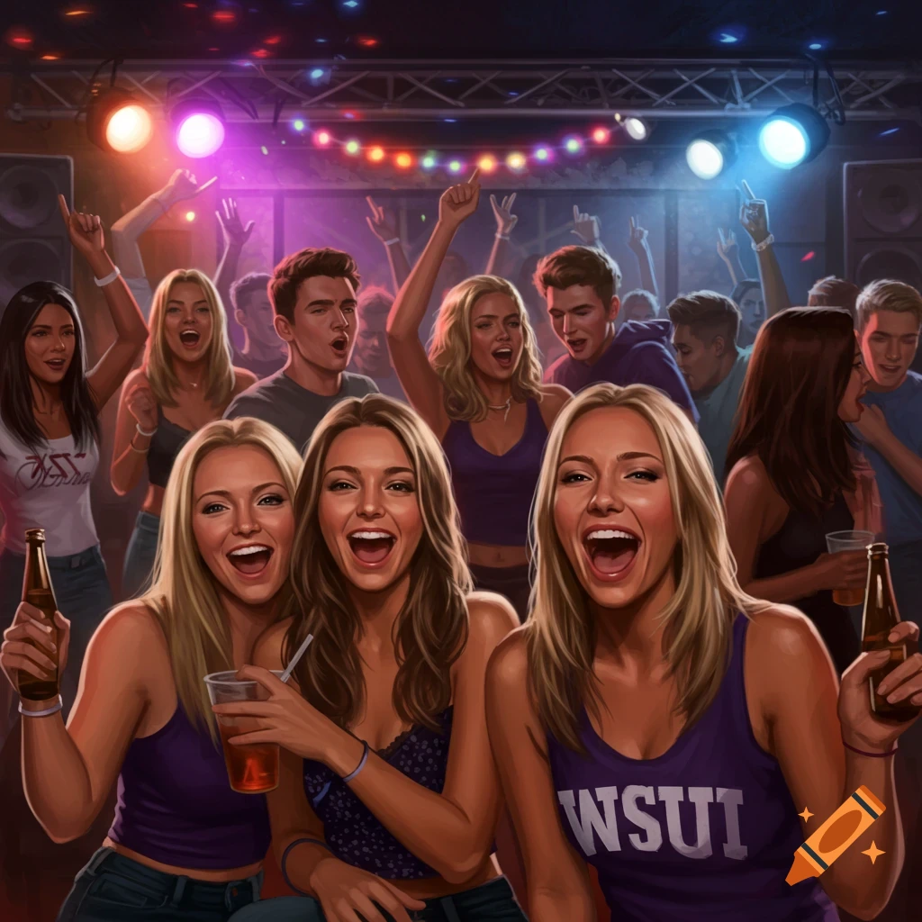 House party with WSU students, purple theme, fun atmosphere on Craiyon