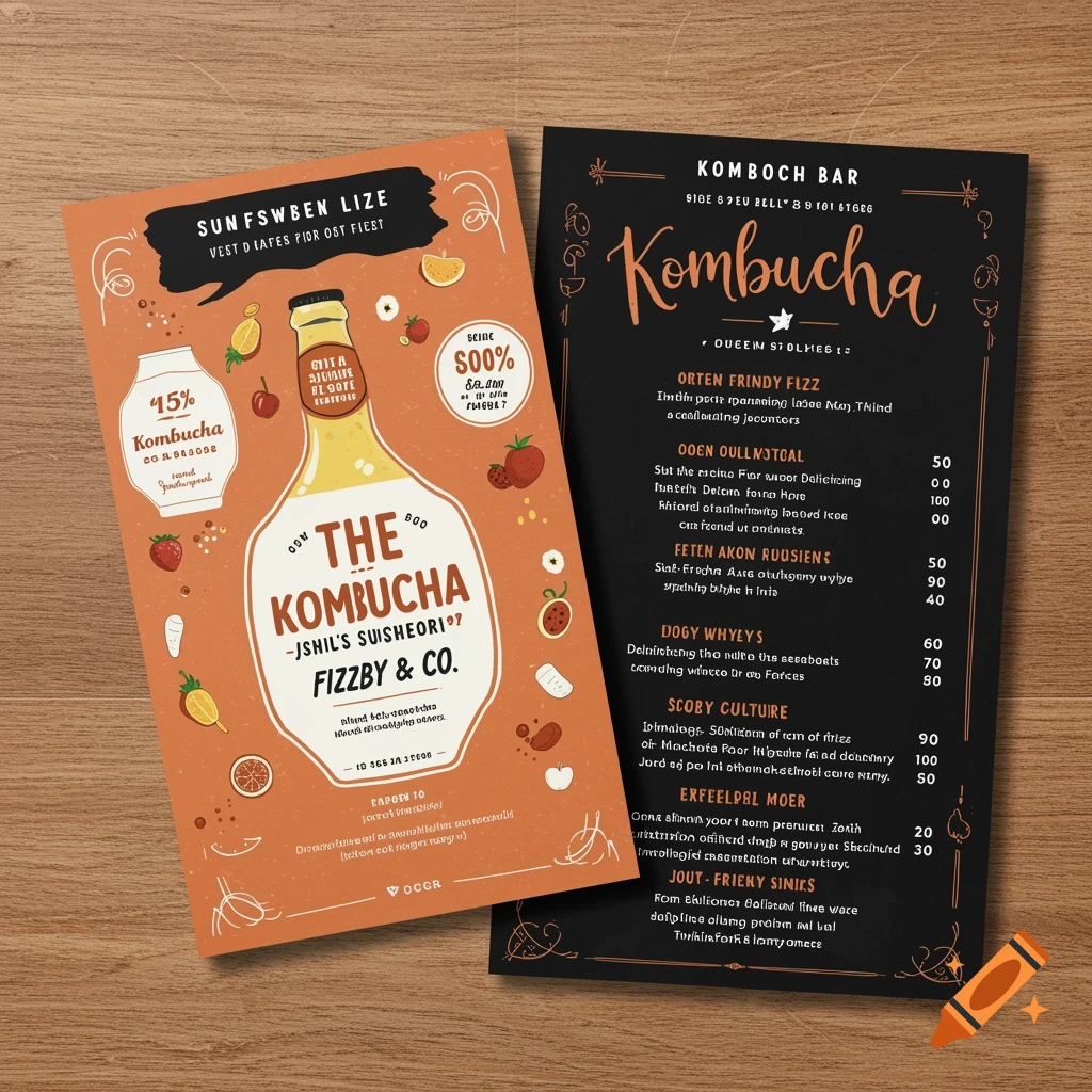 Menu design for kombucha at The Booch Bar on Craiyon