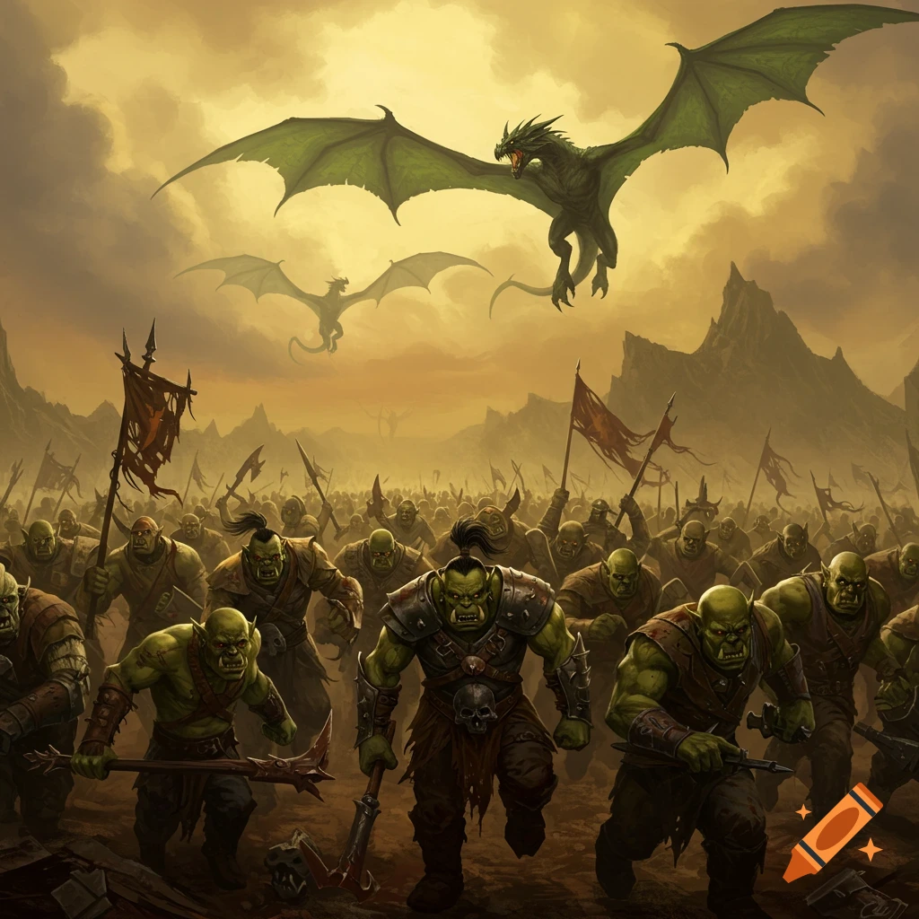 A horde of orcs marching under dragons in a fantasy landscape. on Craiyon