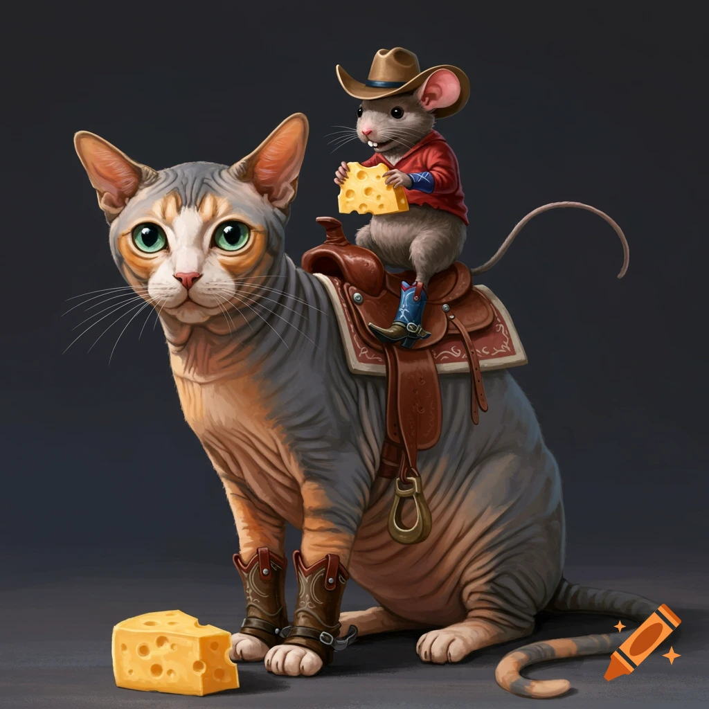Cat without a spine, mouse riding with saddle, boots and western hat ...