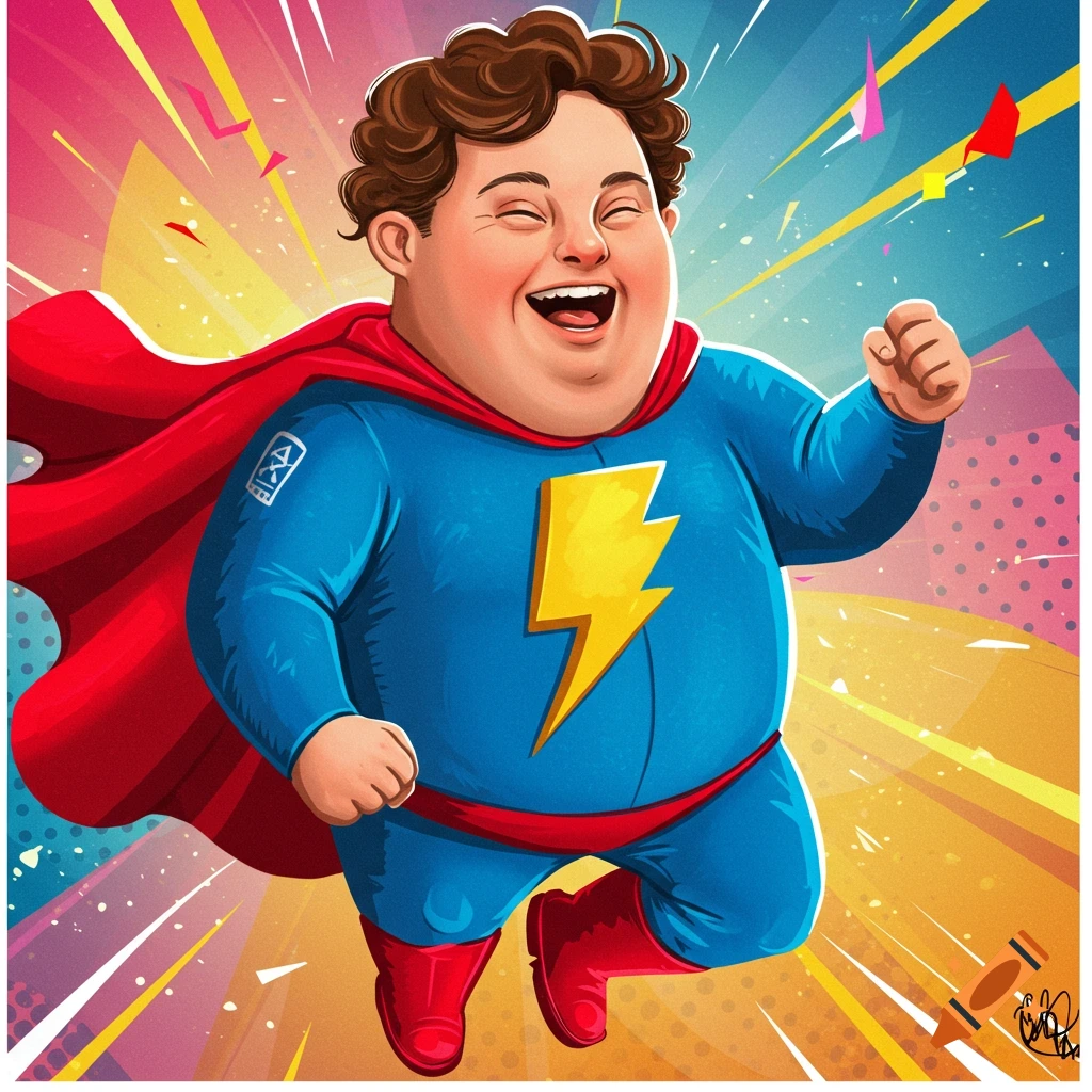 A man in a blue and red superhero costume flying and laughing in a ...