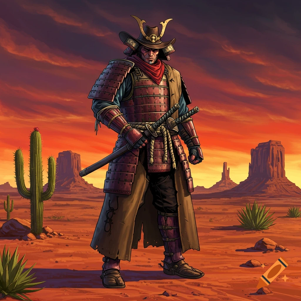 Silhouette of a cowboy standing on a hill at sunset in a desert ...