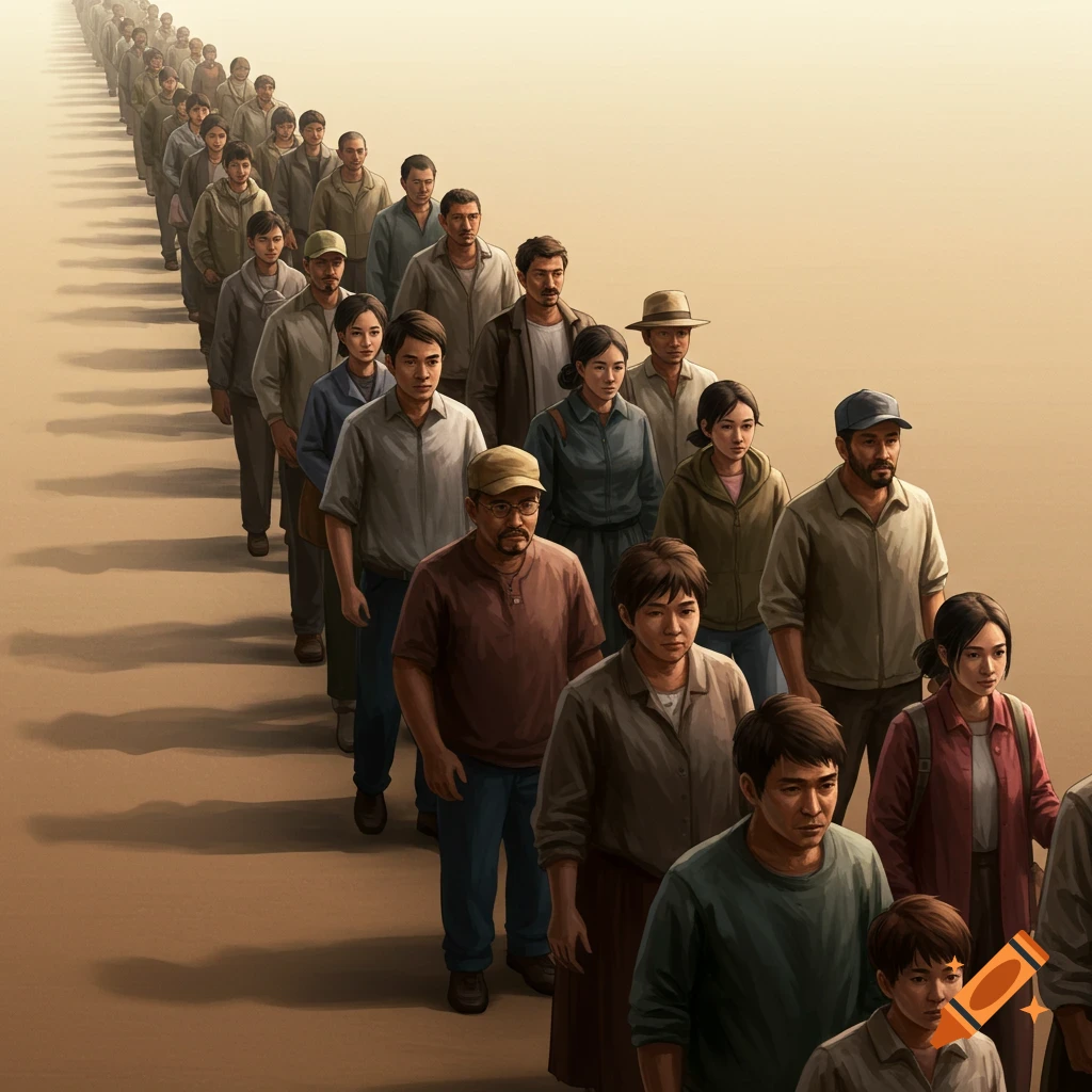 A long line of people in robes walk on a dirt path through a golden ...