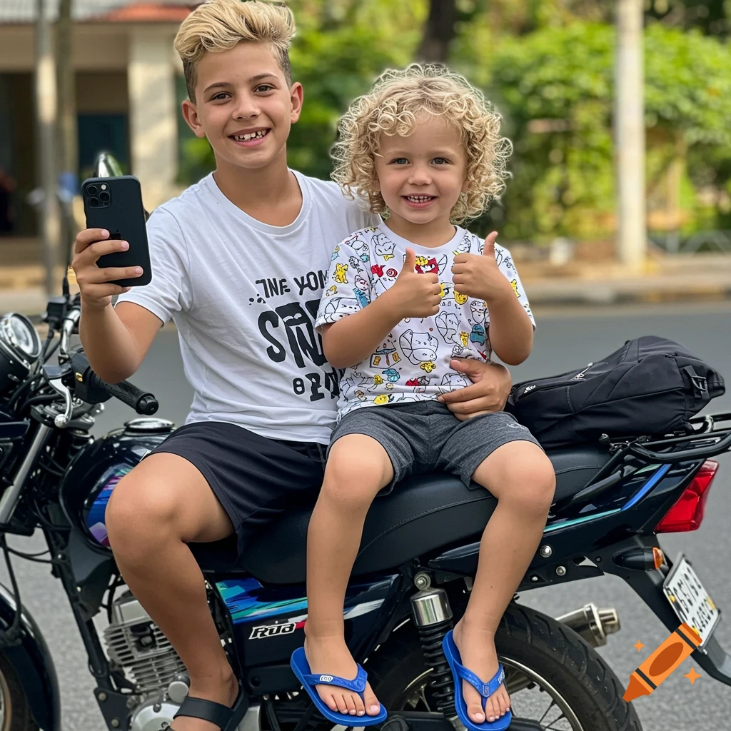 Brazilian toddler on motorcycle with older brother using iPhone on Craiyon