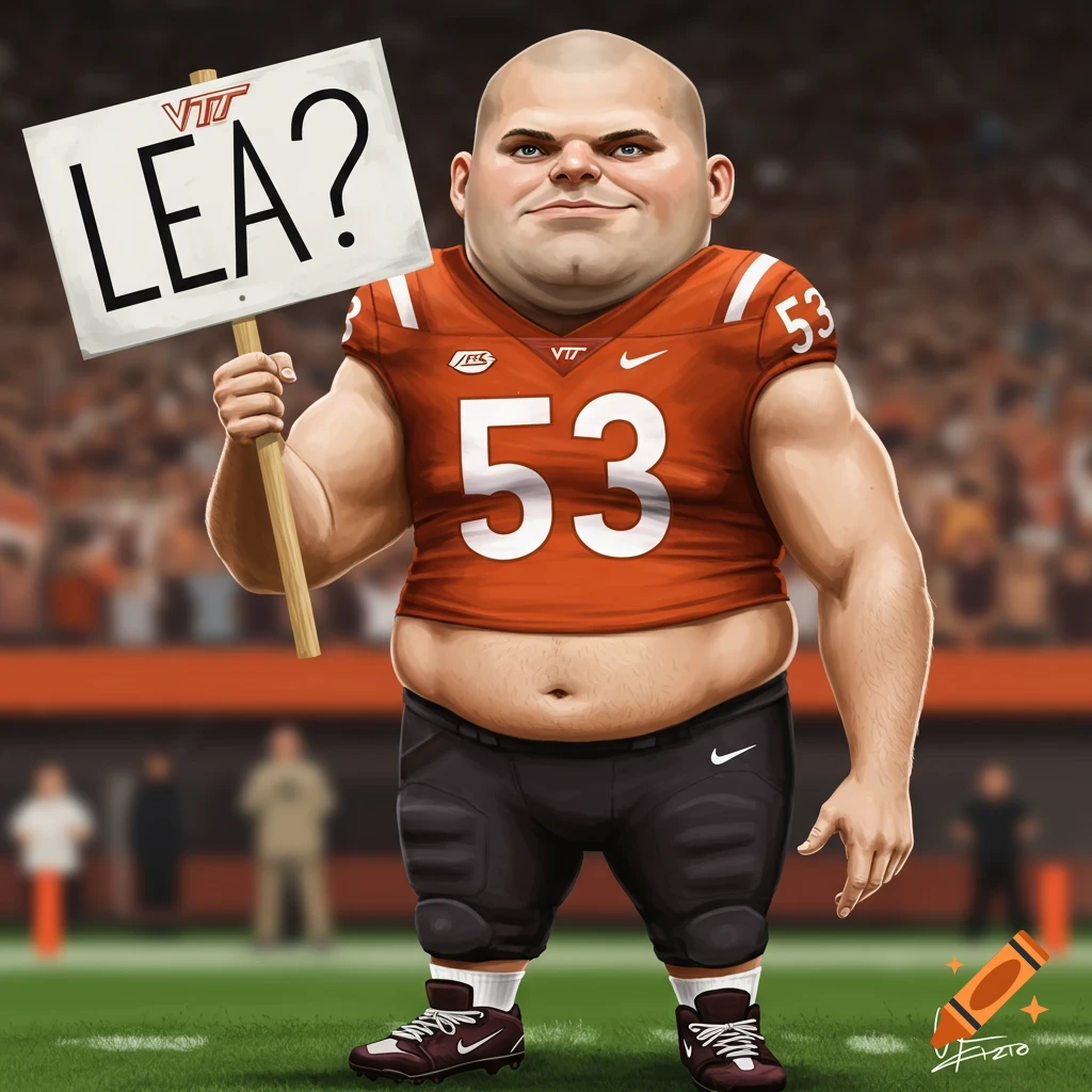 Caricature of a bald football player in a Virginia Tech uniform holding ...