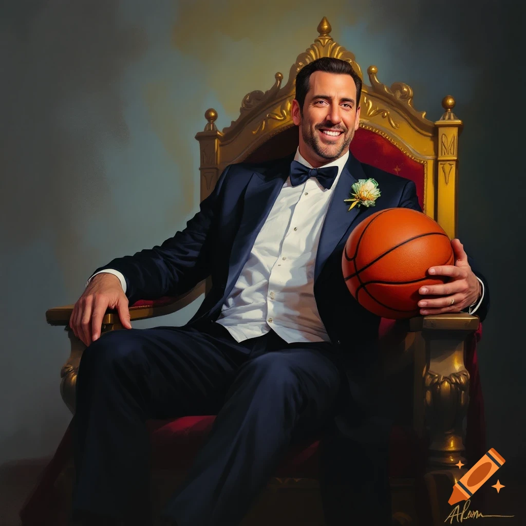 Cartoon of a man holding a golden basketball championship trophy in a ...