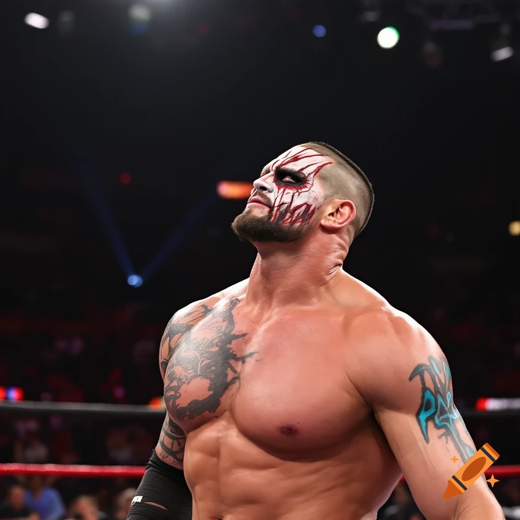 A wrestler with scary face paint and tattoos looks up in a wrestling ...