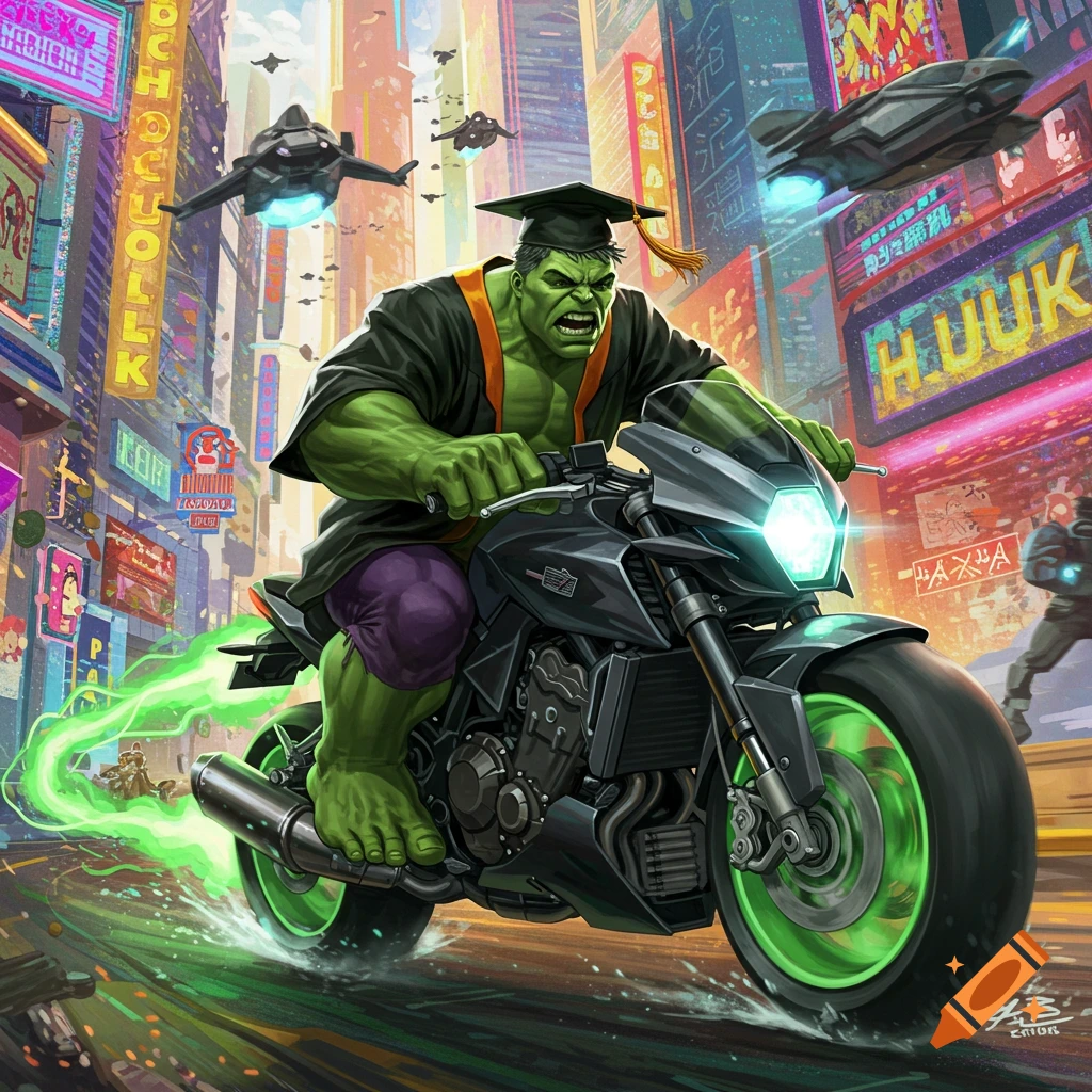 The Hulk in a graduation cap and gown rides a motorcycle through a ...