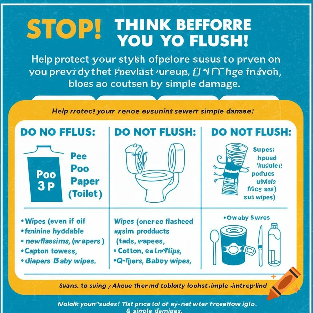 Flyer warning about items not to flush with bold colors and icons on ...