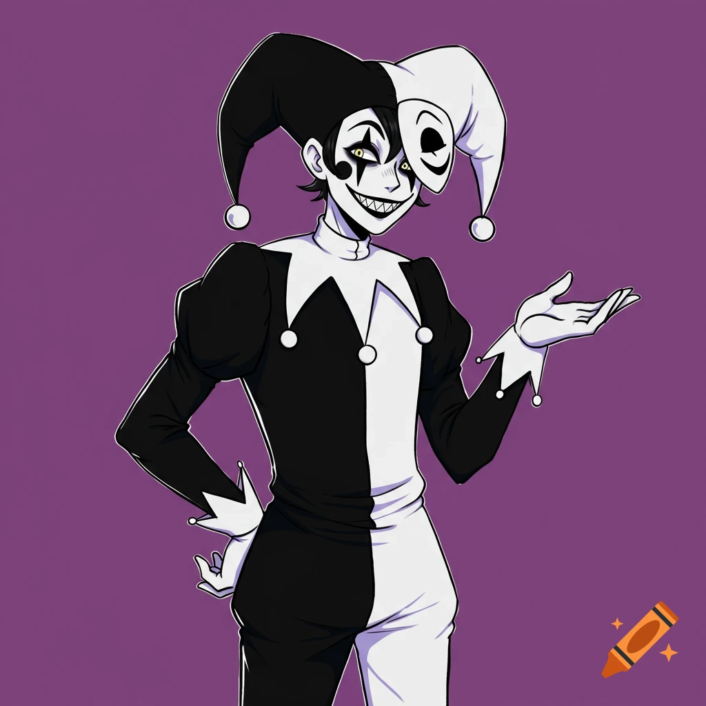 Anime jester man with black hair, eyeliner, grin, and jester outfit. on ...