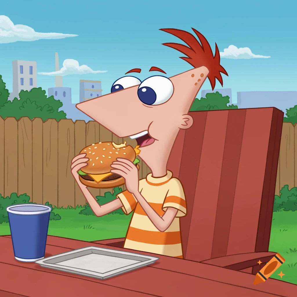 Phineas from Phineas and Ferb eating a cheeseburger on Craiyon