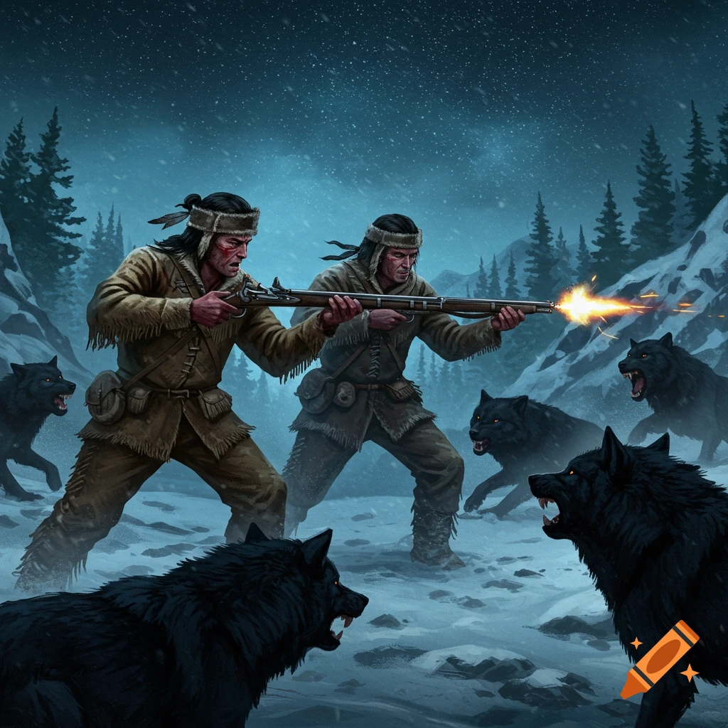 18th-century Canadian trappers fighting off black wolves on Craiyon