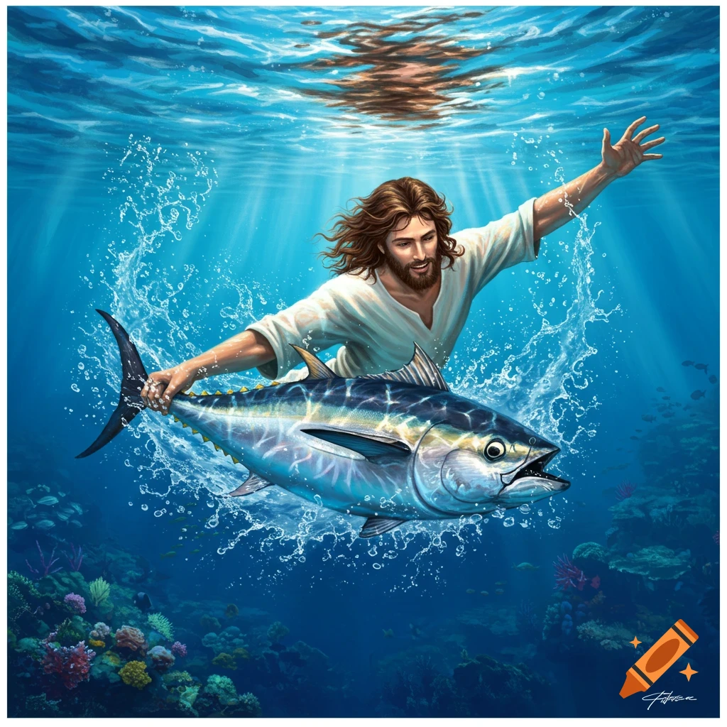 Jesus diving and catching a tuna fish with his teeth on Craiyon
