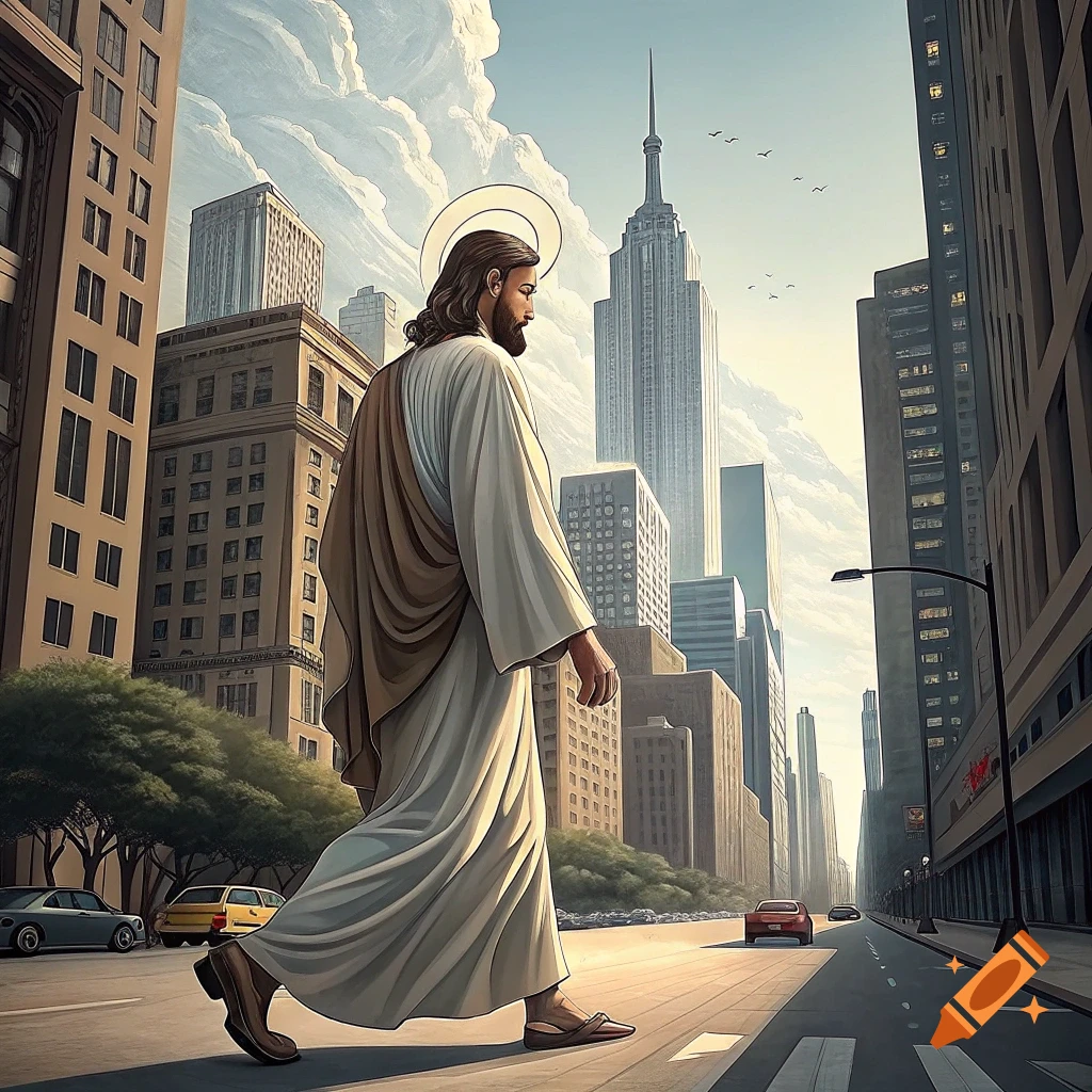 Painting of Jesus walking across a street in a city with tall buildings ...