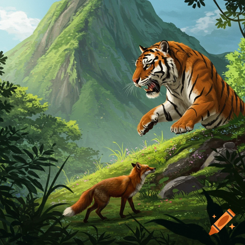 Tiger about to pounce on fox in lush mountain landscape on Craiyon