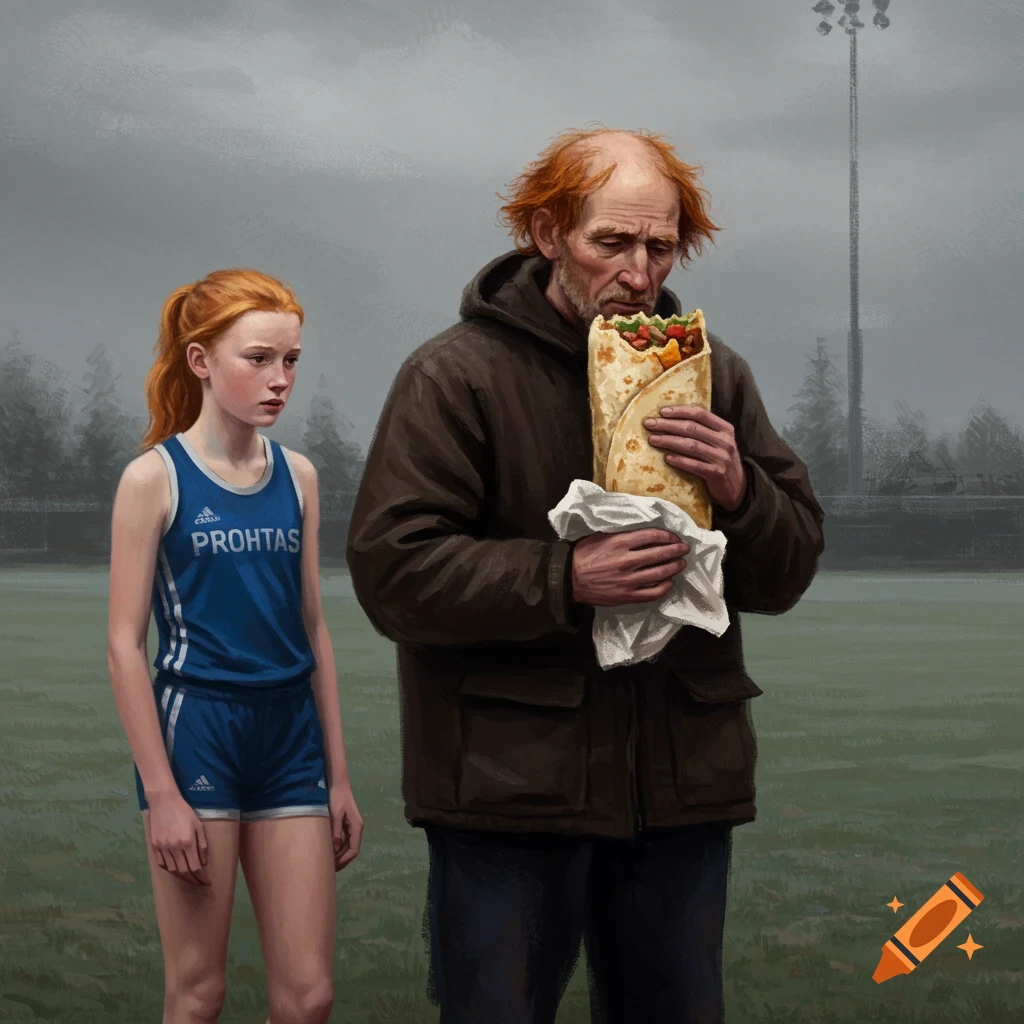 A girl in a blue track uniform stands near a man eating a giant burrito ...