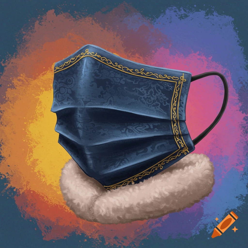 A decorated blue mask with gold trim and a fur collar is displayed ...