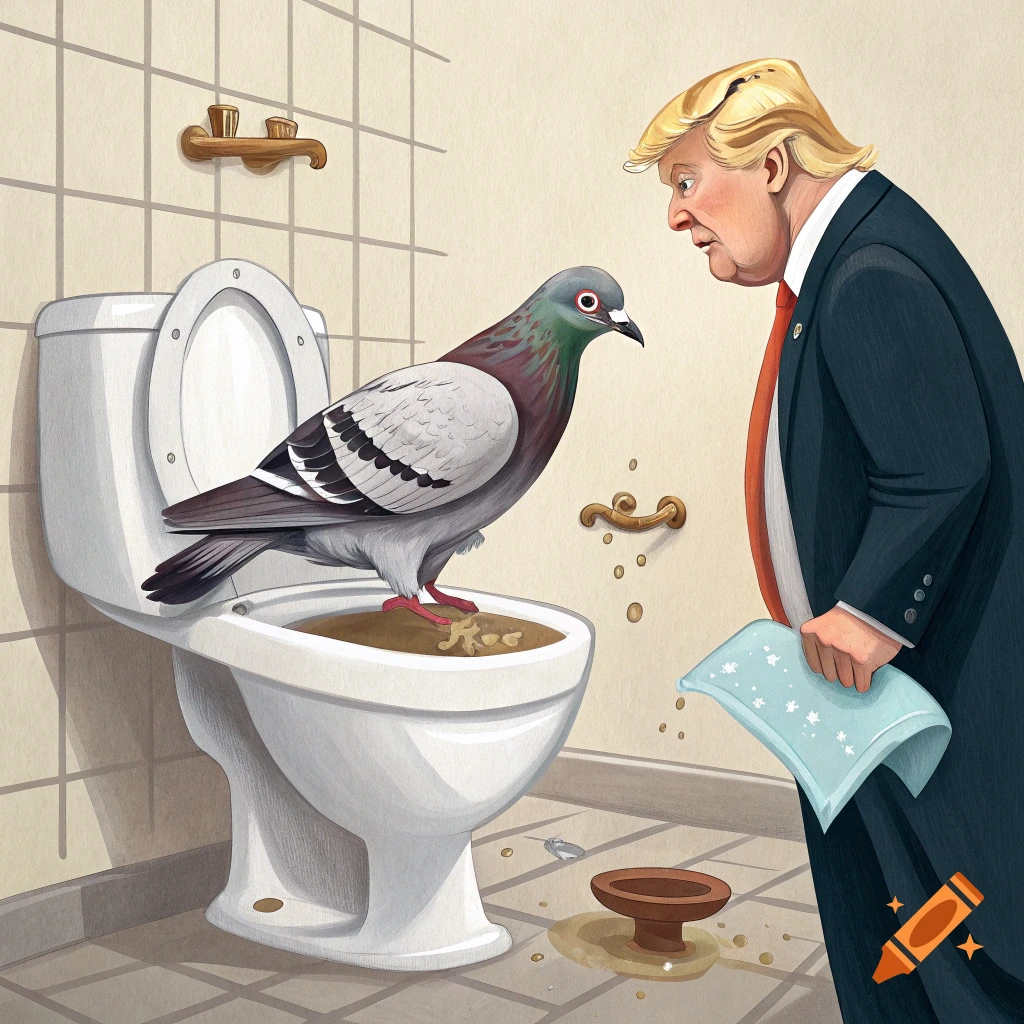 Pigeon pooping on a toilet while Donald Trump watches on Craiyon
