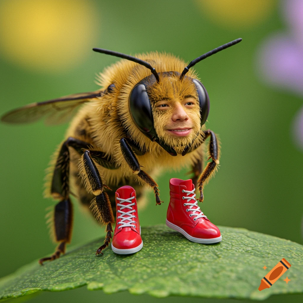 A bee with a human face and red shoes sits on a green leaf. on Craiyon